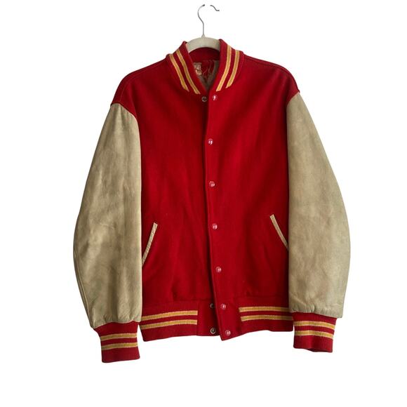 Vintage | Jackets & Coats | Vintage Red White Leather Sleeve Preppy ...